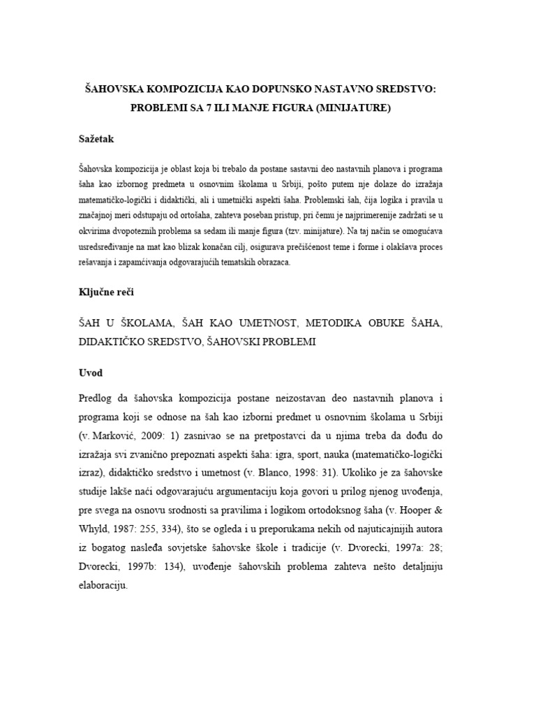 Sahovska Kompozicija Kao Dopunsko Nastavno Sredstvo - Problemi Minijature | PDF