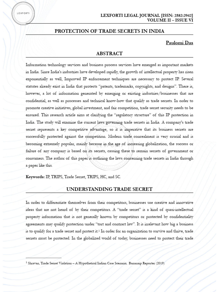 Protection of Trade Secrets in India Paulomi Das 1 (1) | PDF | Trade Secret | Intellectual Property