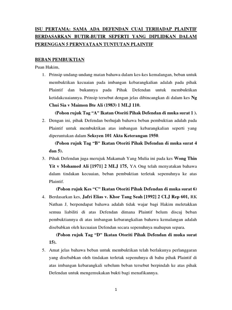 Hujahan Bertulis Lengkap Defendan (Amended) | PDF