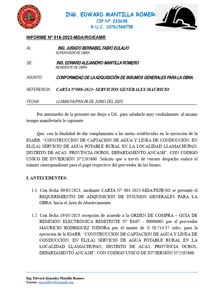 Informe de Conformidad de Pago Insumos Generales | PDF