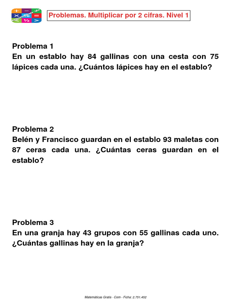 Problemas. Multiplicar Por 2 Cifras. Nivel 1 | PDF