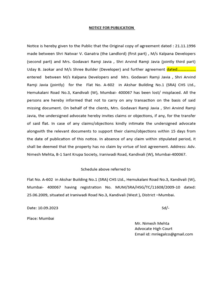 Notice of Lost Property Agreement | PDF | Law