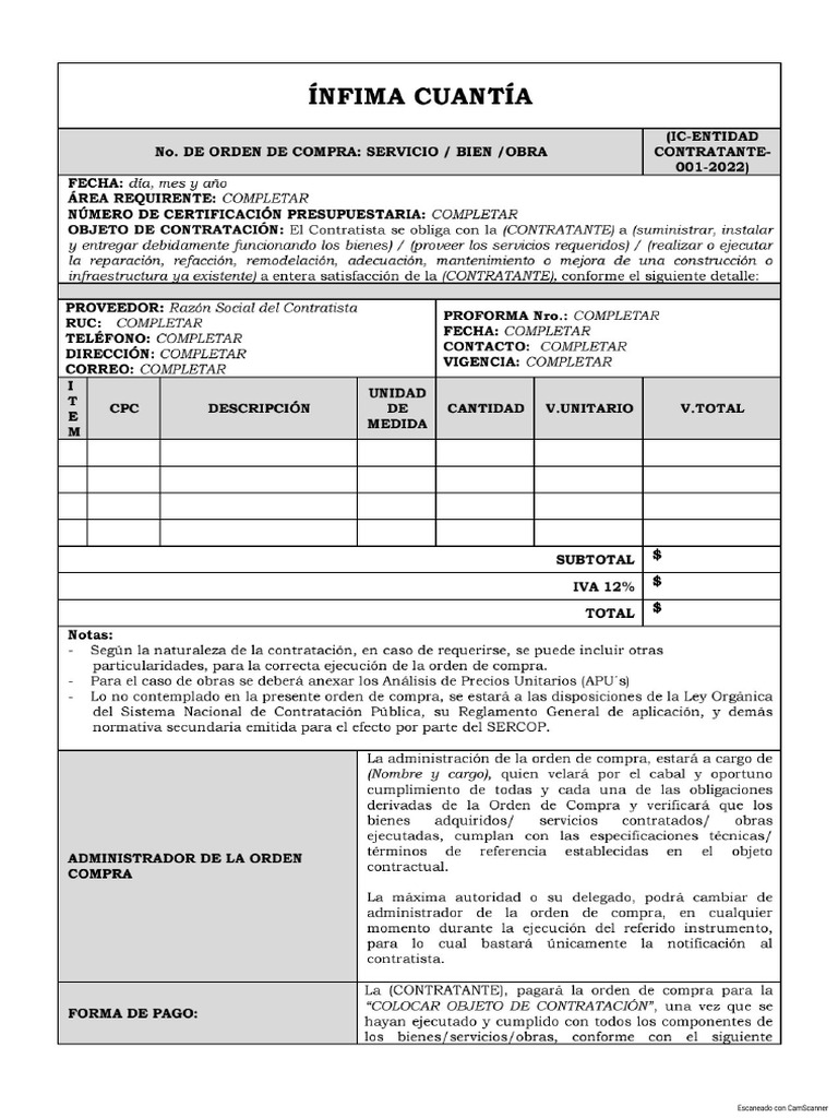 Modelo Orden de Compra, Infima Cuantía | PDF