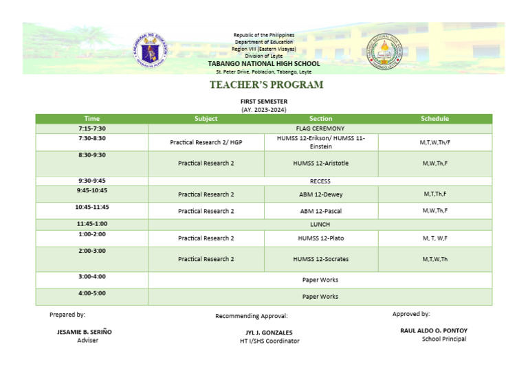 Teachers PROGRAM 1st Sem (SY 2023-2024) | PDF
