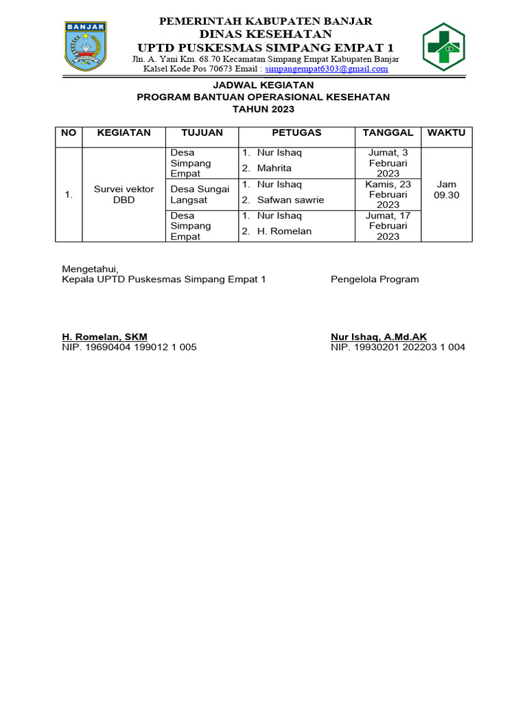 Jadwal Kegiatan DBD | PDF