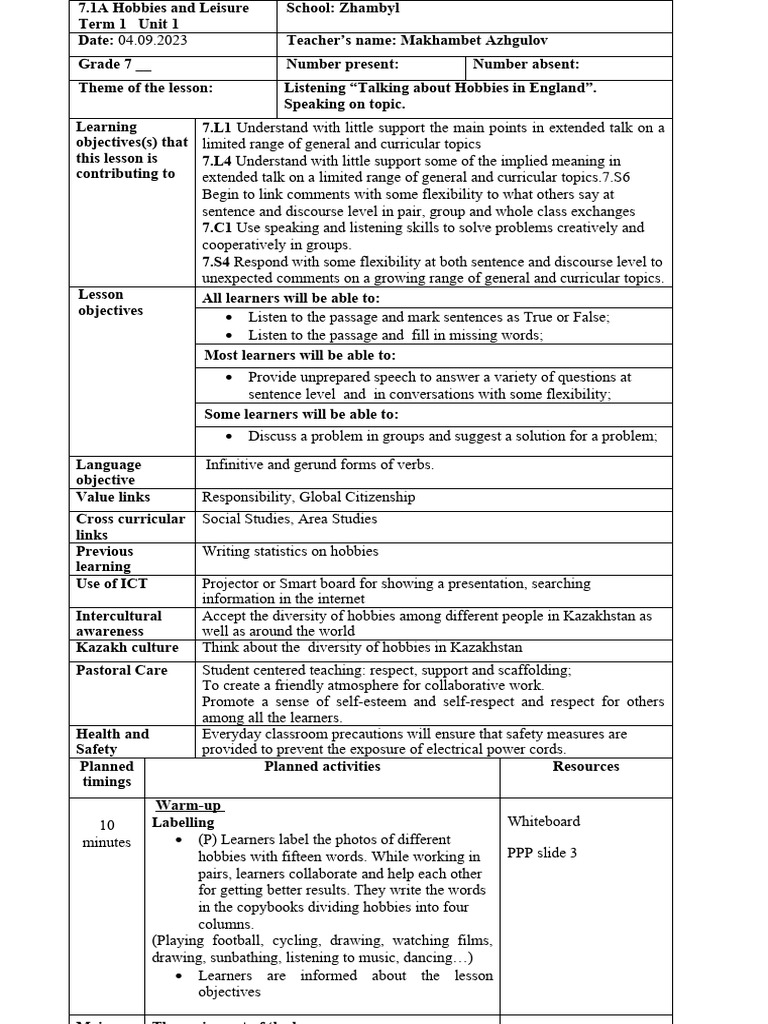 7th Grade Lesson on Hobbies and Leisure | PDF | Learning | Educational ...