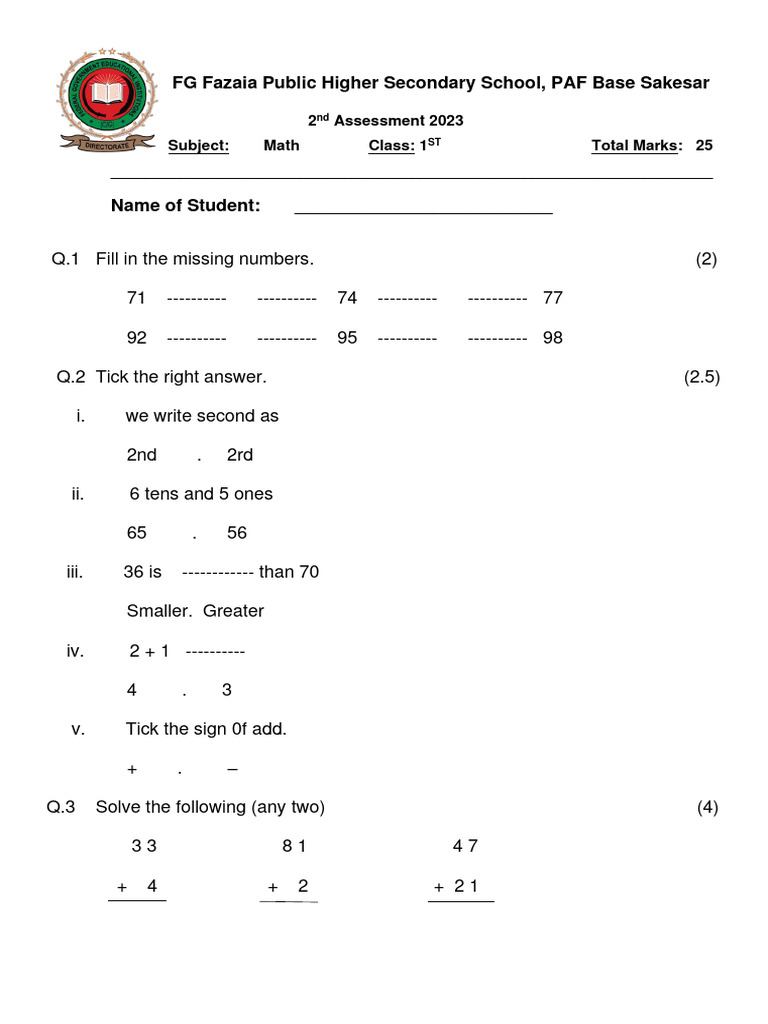 Math Class 1st 2 | PDF