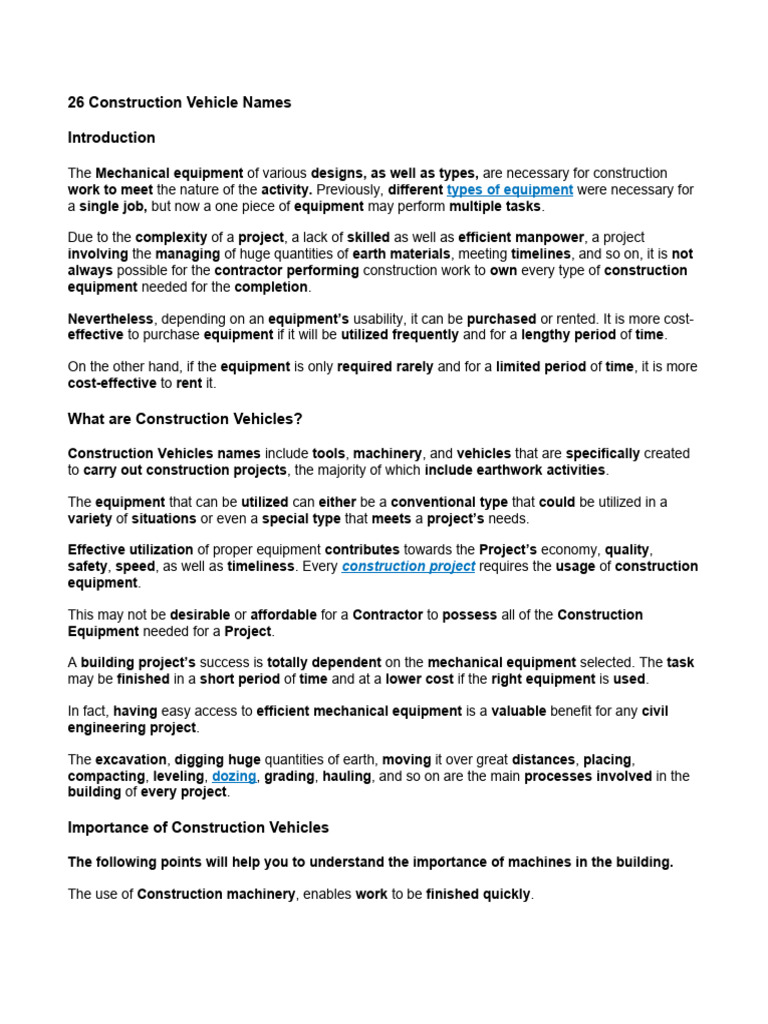 26 Construction Vehicle Names | PDF | Loader (Equipment) | Crane (Machine)