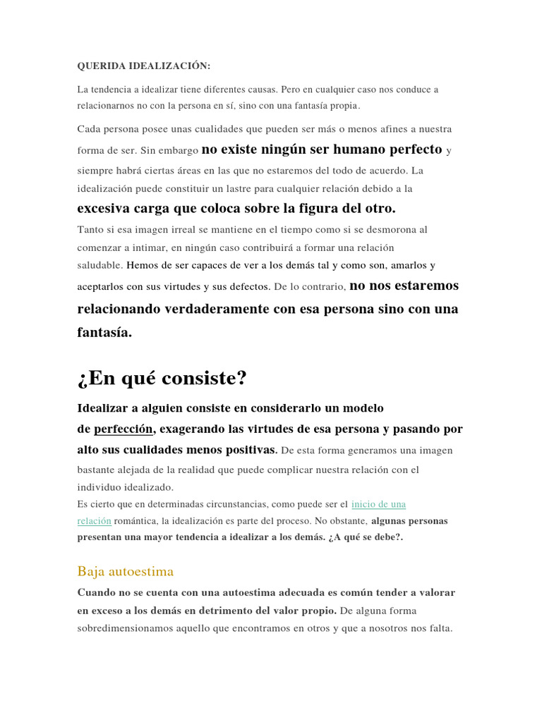 Querida Idealización | PDF | Autoestima | Virtud