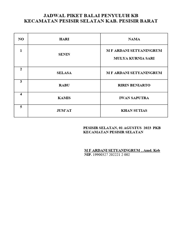 Jadwal Piket Balai KB Kecamatan Pss Selatan | PDF