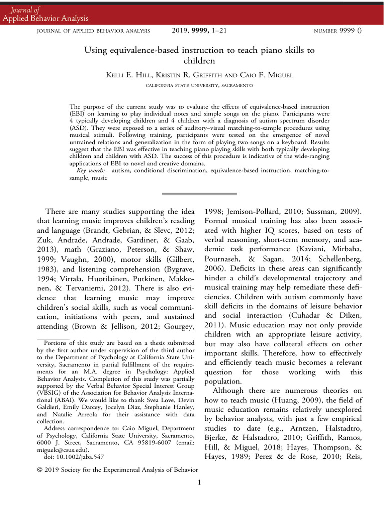 Hill, Griffith, Miguel, 2019 - Using Equivalence-Based Instruction To ... Hill, Griffith, Miguel, 2019 - Using Equivalence-Based Instruction To ...