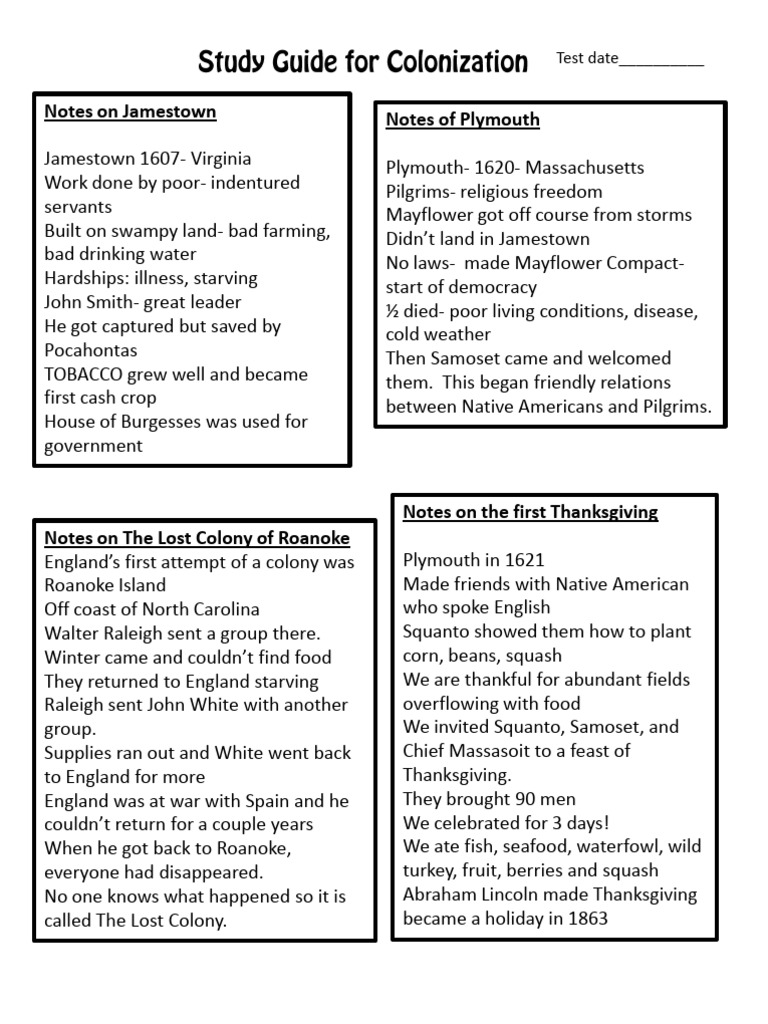 Study Guide For Colonization | PDF | Plymouth Colony | European ...