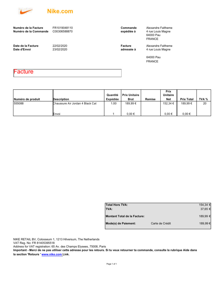 Facture Air Jordan 1 Dark Mocha | PDF | Chaussure | Nike