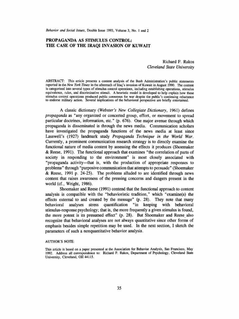 Rakos, 1993 - Propaganda As Stimulus Control - The Case of The Iraqi Invasion of Kuwait | PDF ...