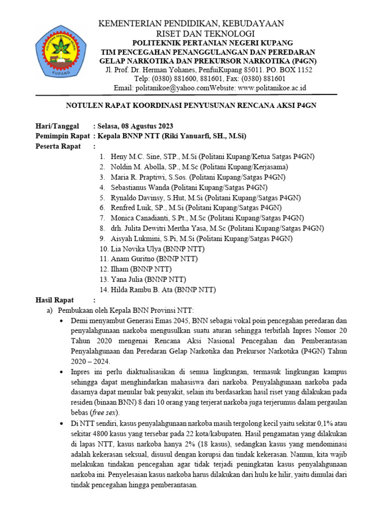 Notulen Rapat Koordinasi Penyusunan Rencana Aksi | PDF