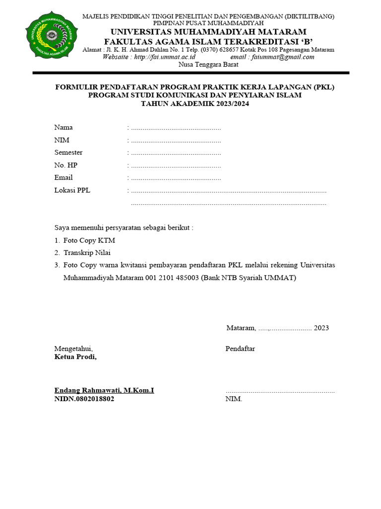 Form Pendaftaran PKL | PDF