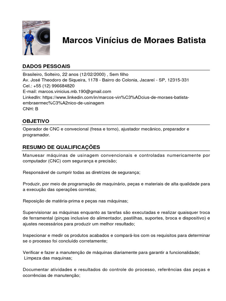 CV Marcos Vinícius de Moraes Batista PDF | Download grátis PDF | Máquinas | Máquina-ferramenta