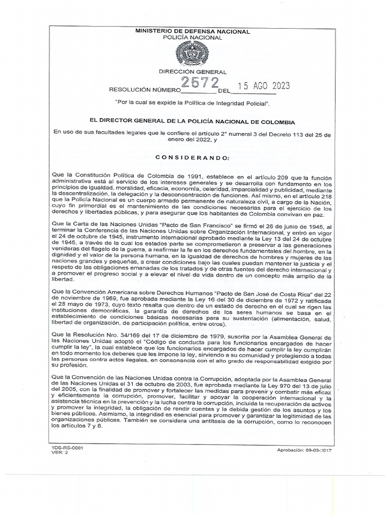 Resolucion 2572 de 15-08-2023 - Por La Cual Se Expide La Politica de Integridad Policial. | PDF