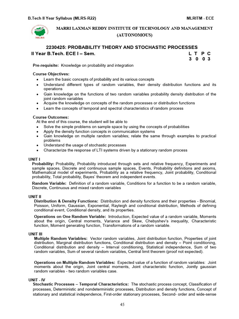 PTSP Syllabus for B.Tech ECE R22 | PDF | Probability Distribution | Spectral Density