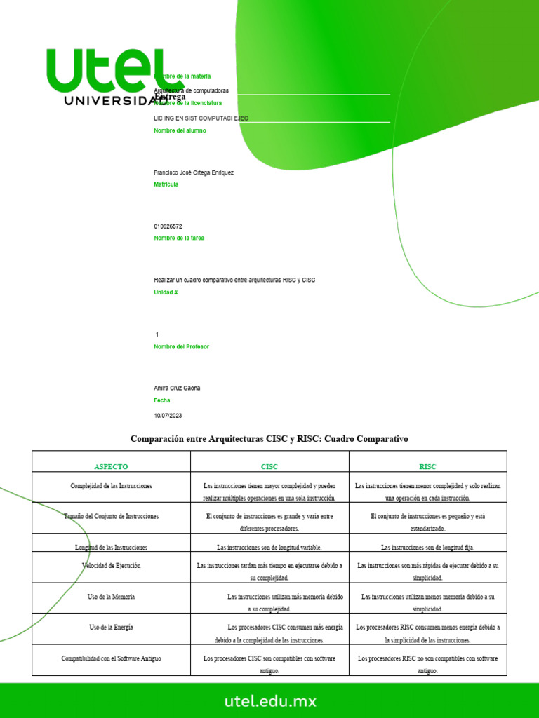 Cuadro Comparativo Entre Arquitecturas Risc Y Cisc Pdf Unidad