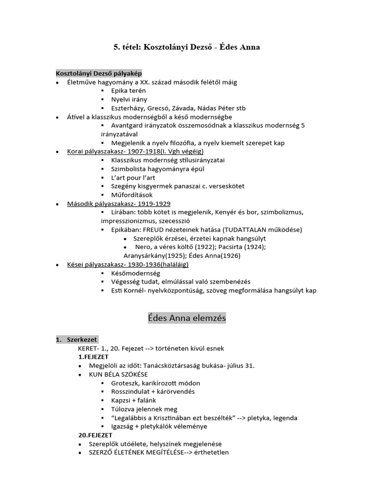 Tétel - Kosztolányi Dezső Édes Anna | PDF