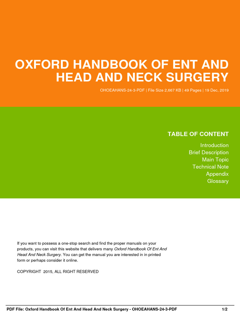 Oxford Handbook of Ent and Head and Neck Surgery Dbid 3rim | PDF ...