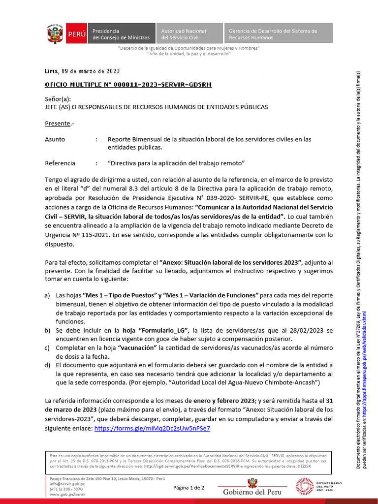 OFICIO MULTIPLE-000011-2023-SERVIR-GDSRH | PDF