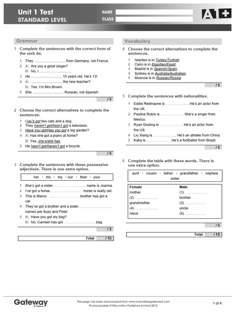 A1+ UNIT 1 Test Standard | PDF | Linguistics