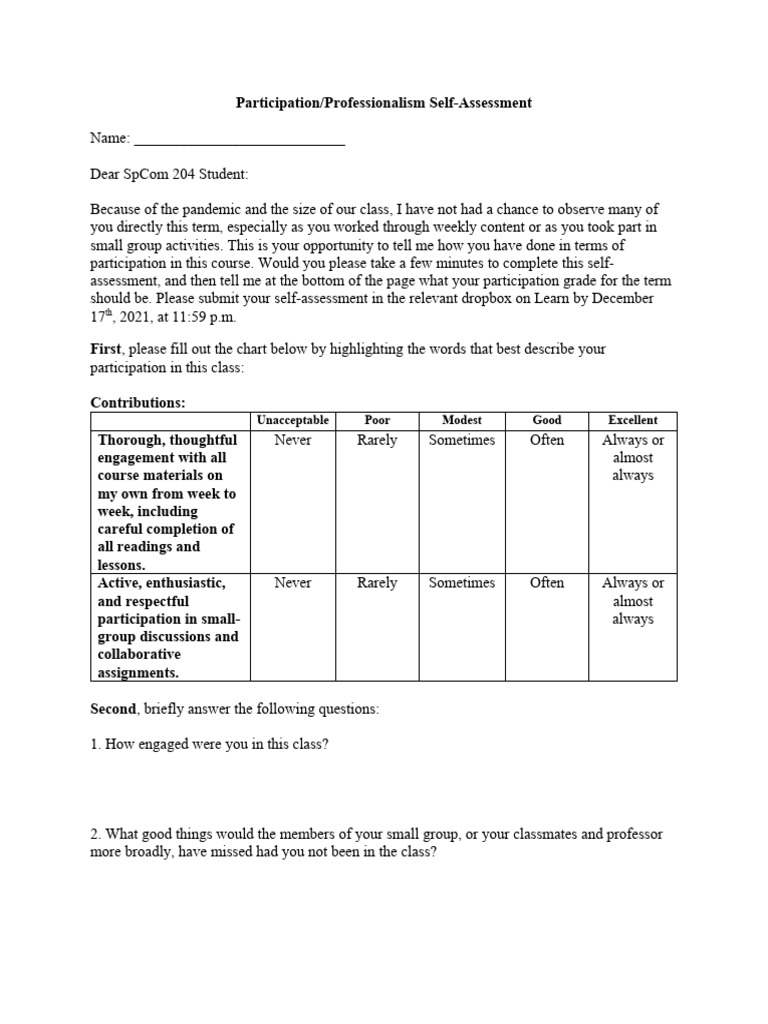 Participation Self Assessment 204 Fall 21 | PDF | Cognition