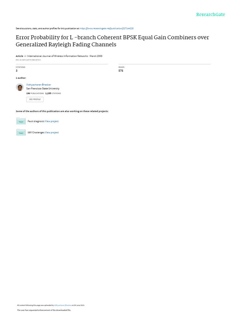 Error Probability For L-Branch Coherent BPSK Equal | PDF | Signal To ...