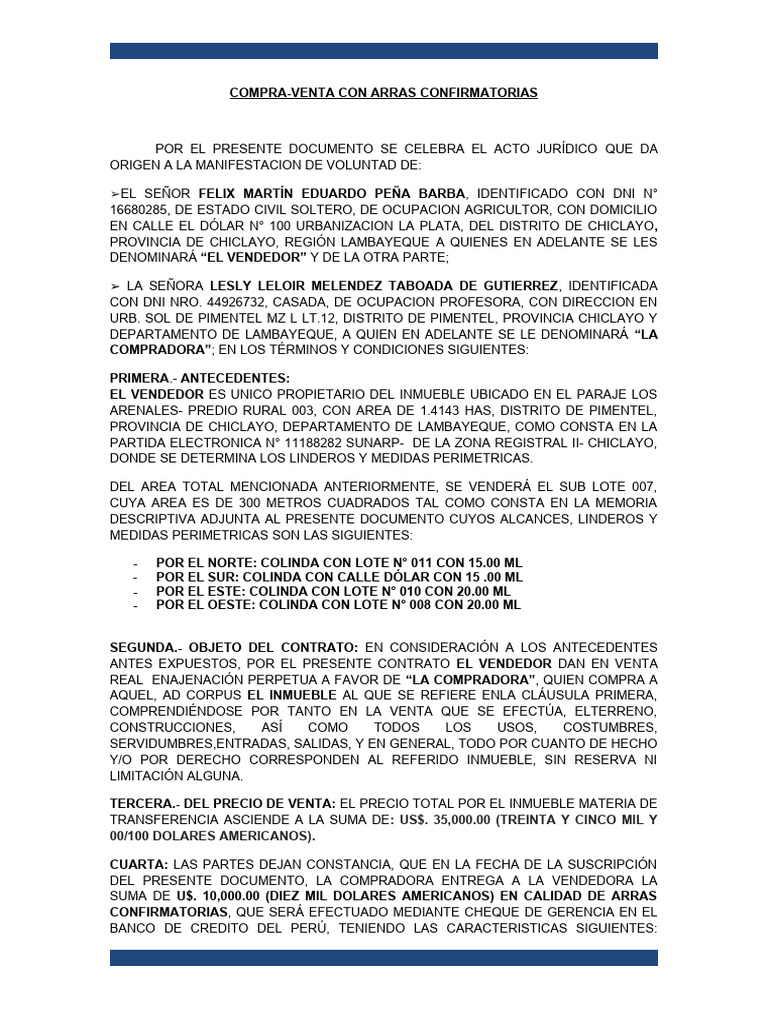 Minuta Con Arras Confirmatorias. Felix-Lesly | PDF | Consentimiento ...