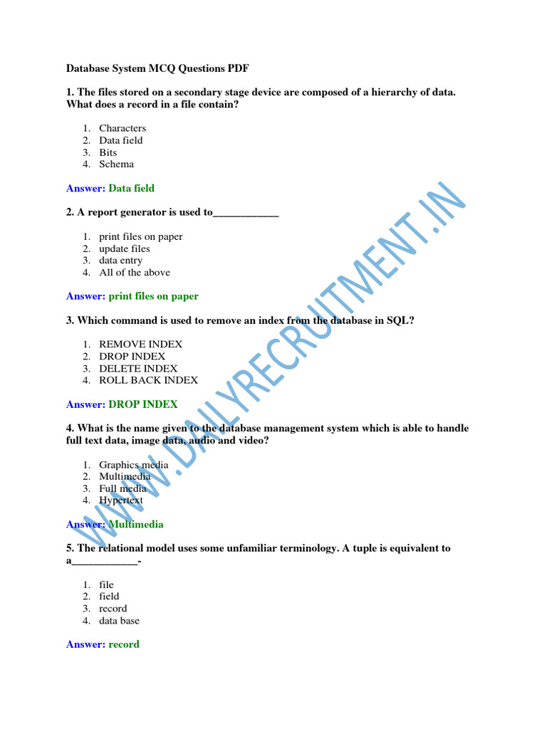 Database System MCQ | PDF | Databases | Database Index