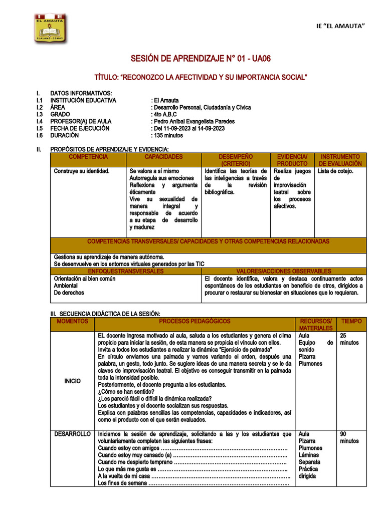 Sesión de Aprendizaje de DPCC - La Afectividad | PDF | Aprendizaje | Maestros