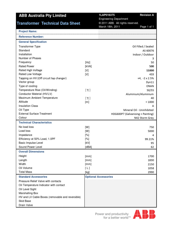ABB 500 kVA Transformer Data Sheet | PDF | Transformer | Power Engineering
