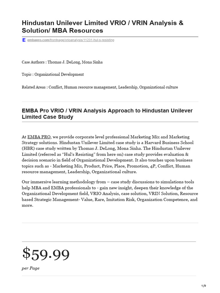 Hindustan Unilever Limited VRIO VRIN Analysis Amp Solution MBA ...
