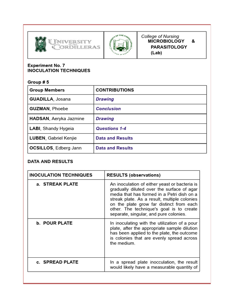 Group 5 - Experiment No.7 - INOCULATION TECHNIQUES | PDF | Growth ...