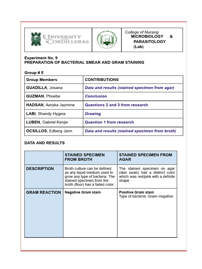 Group 5 - Experiment No.9 - Preparation of Bacterial Smear and Gram ...