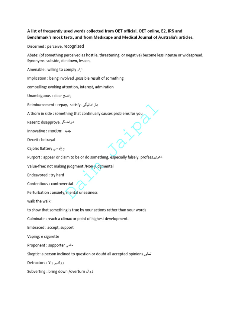 OET Vocabulary | PDF OET Vocabulary | PDF