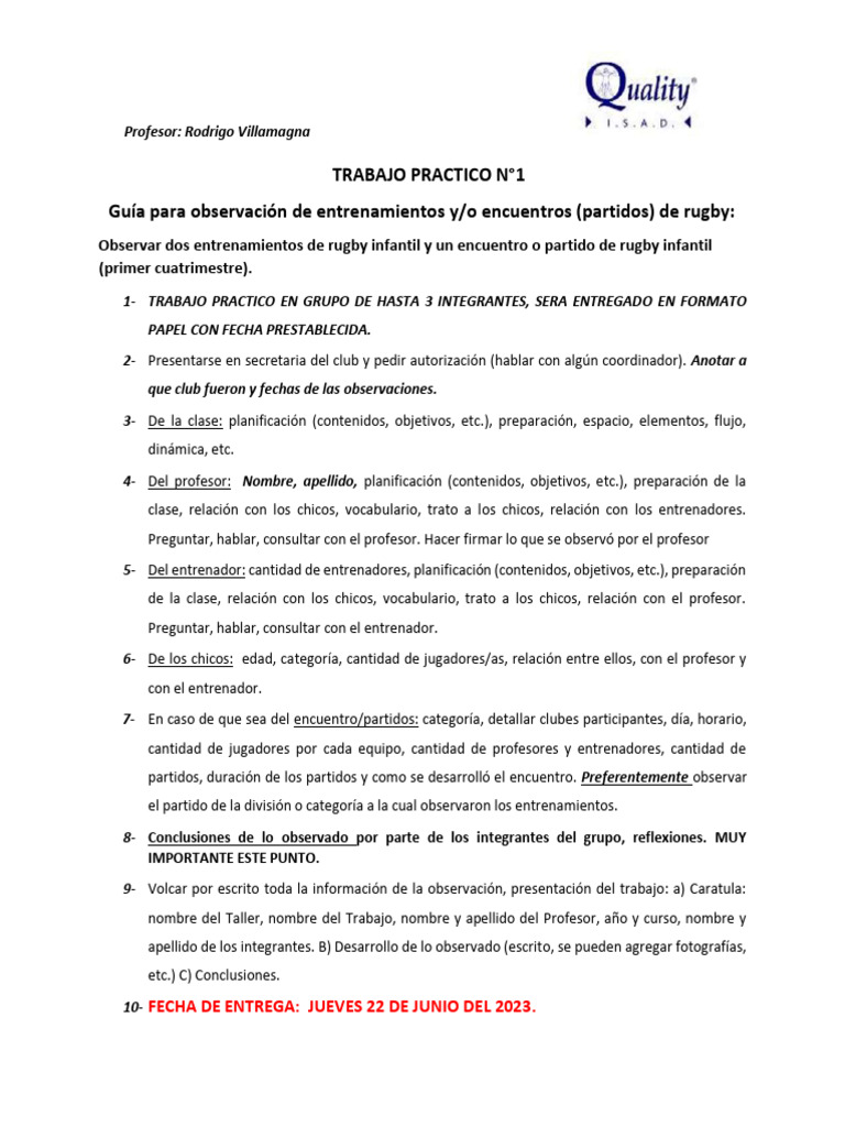 TP N°1 guía para observación -rugby infantil- | PDF