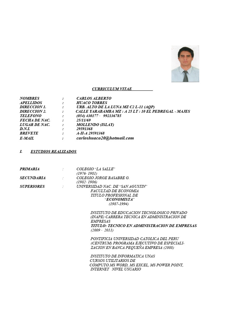 Curriculum Vitae de Carlos Huaco Torres | PDF | Business | Sector privado