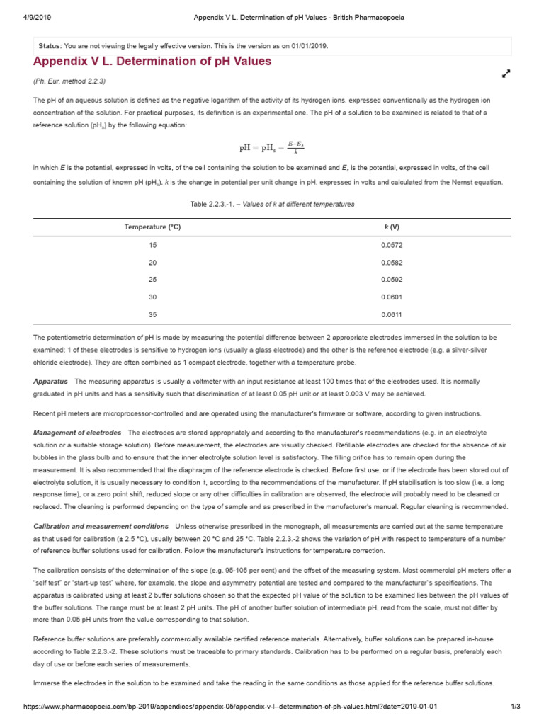 Appendix V L. Determination of PH Values - British Pharmacopoeia | PDF | Ph | Chemical Compounds