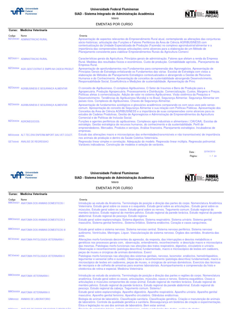 Ementas de Medicina Veterinária UFF | PDF | Célula (Biologia) | Metabolismo