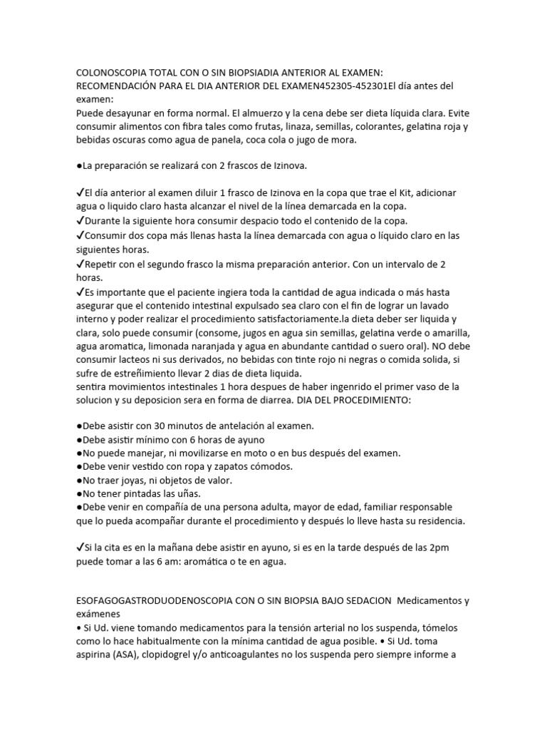 Colonoscopia Total Con o Sin Biopsiadia Anterior Al Examen | PDF | Agua ...