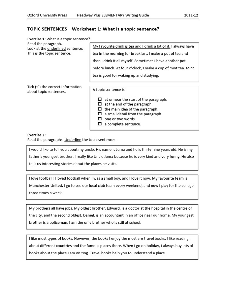 TOPIC SENTENCES Worksheet 1 What Is A To | PDF