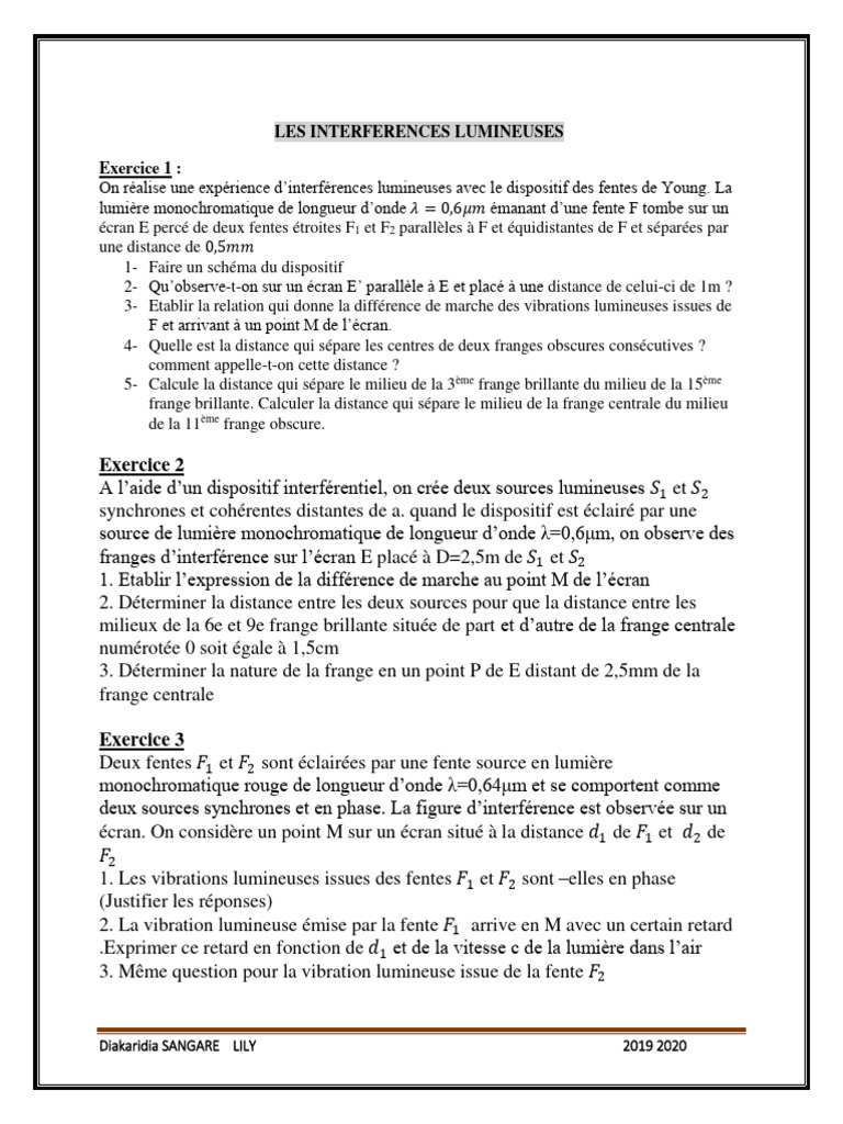 Interférences lumineuses et exercices corrigés | PDF | Lumière ...