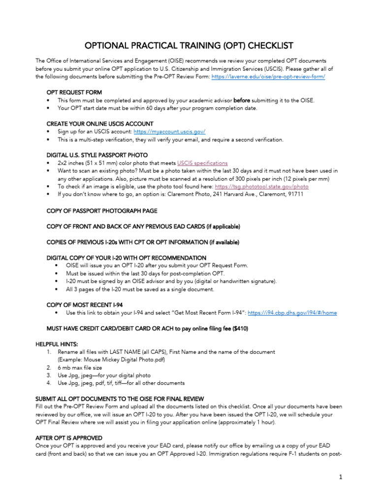 OPT Application Checklist | PDF | Travel Visa | E Verify