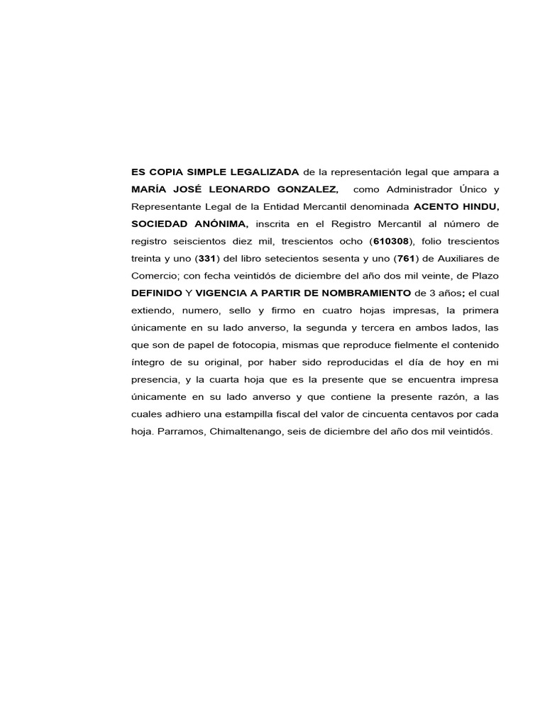 Copia Simple Legalizada Administrador Único y Representante Legal | PDF