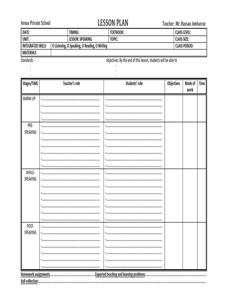 Speaking Lesson Plan Template | PDF | Learning | Behavior Modification