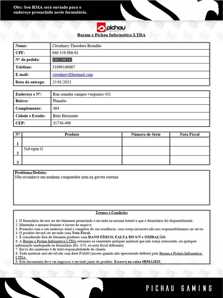 Formulário RMA Pichau 2023 | PDF