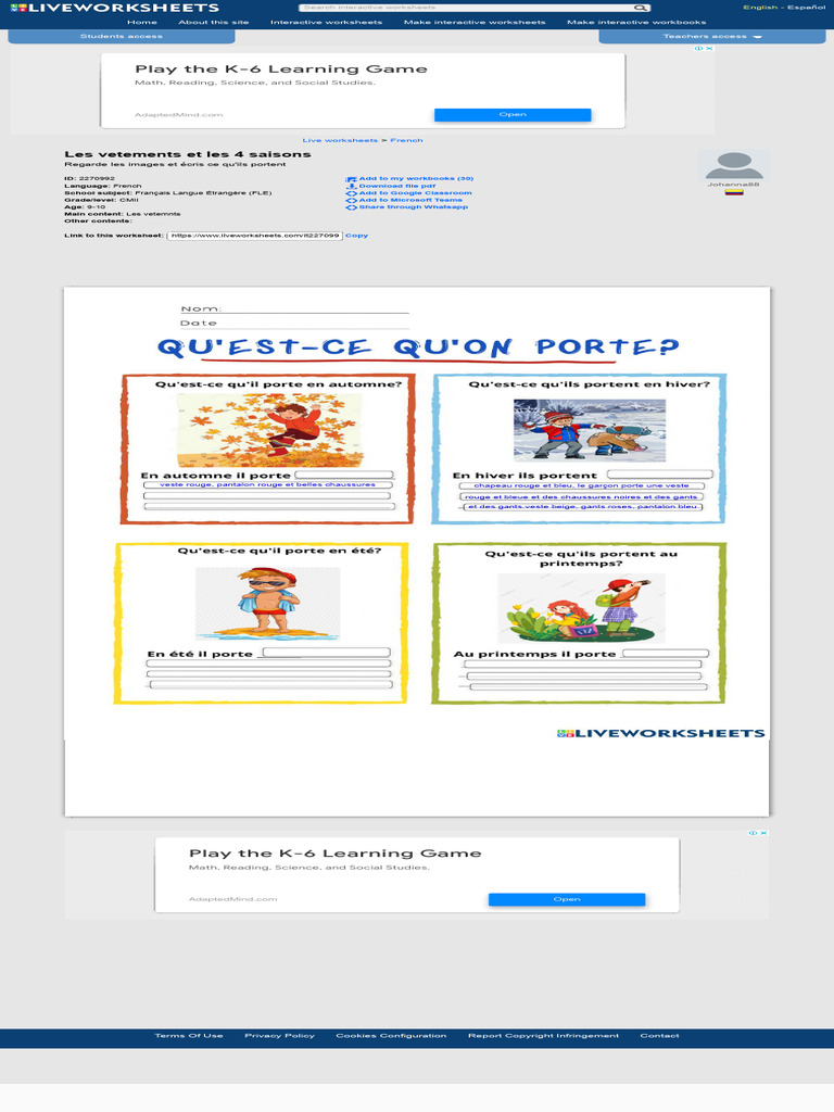 Les Vetements Et Les 4 Saisons Worksheet | PDF